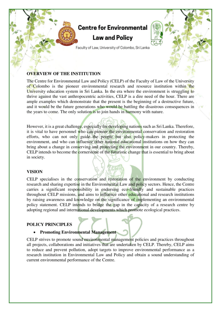 CELP ENVIRONMENTAL POLICY | Centre for Environmental Law and Policy ( CELP)